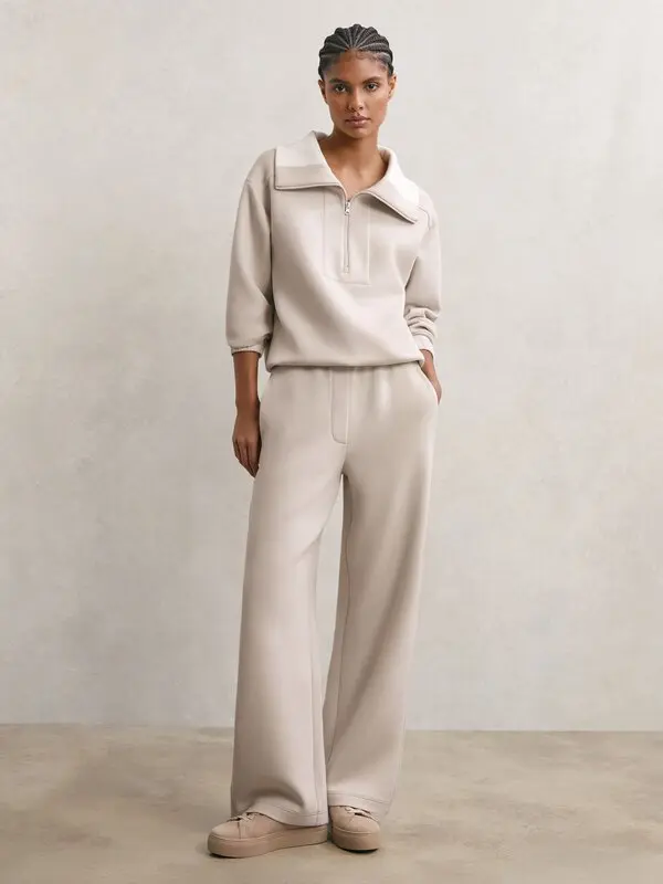 REISS Premium Interlock Wide-leg Joggers - Stone