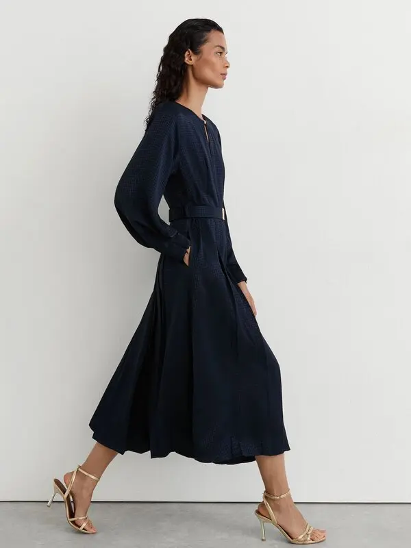 REISS Houndstooth-check Belted Midi Dress
