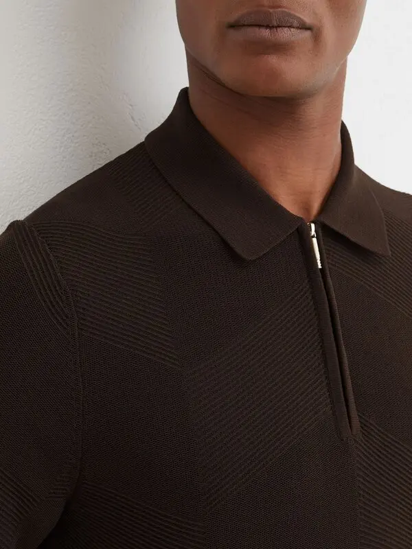 REISS Cotton-blend Chevron-knit Half-zip Polo Shirt - Chocolate Brown