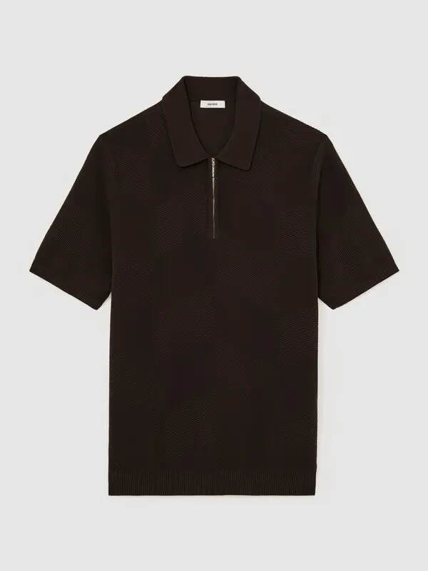 REISS Cotton-blend Chevron-knit Half-zip Polo Shirt - Chocolate Brown