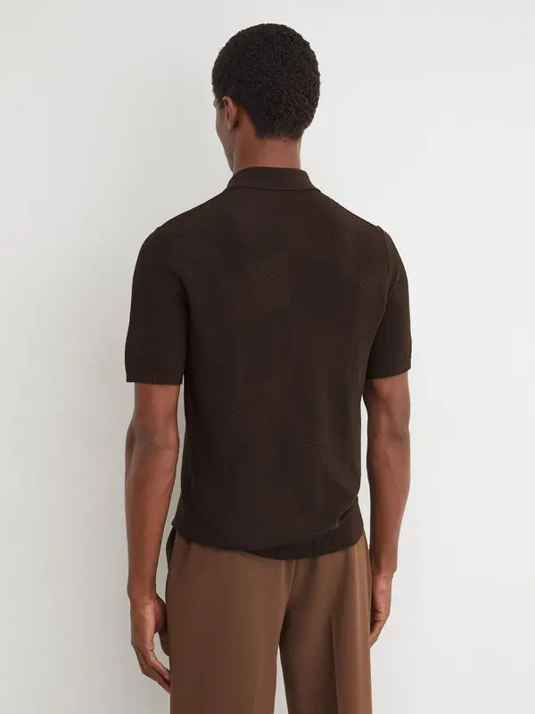 REISS Cotton-blend Chevron-knit Half-zip Polo Shirt - Chocolate Brown