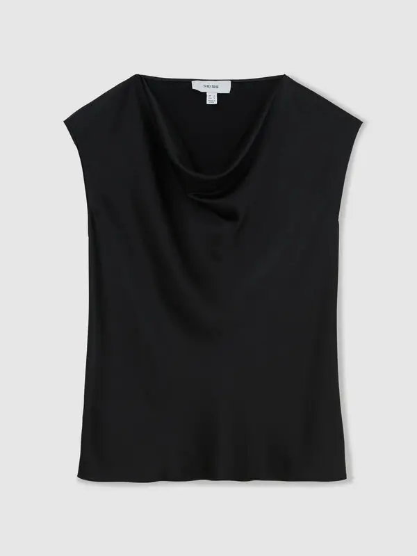 REISS Silk Cowl-neck Sleeveless Top - Black