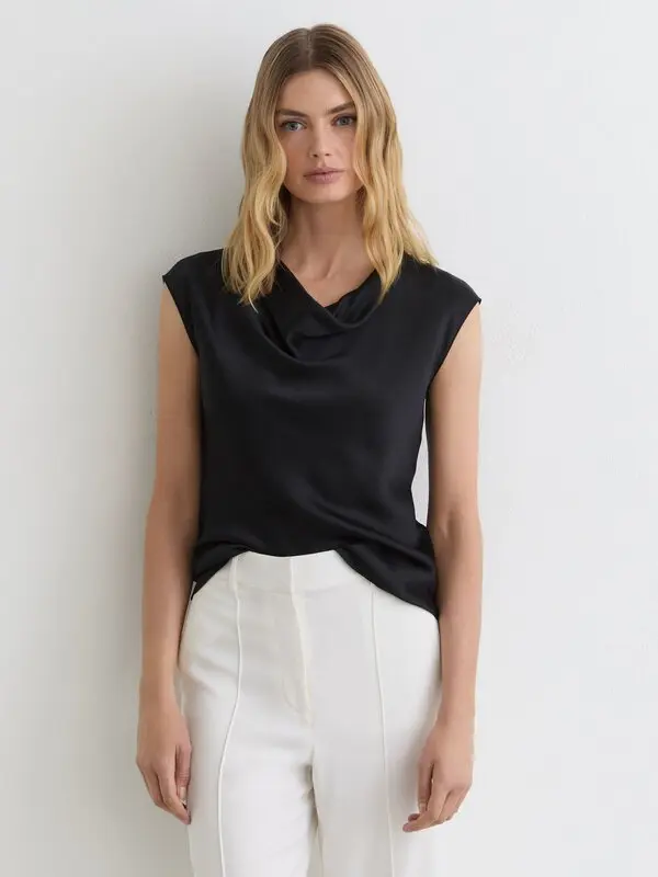 REISS Silk Cowl-neck Sleeveless Top - Black