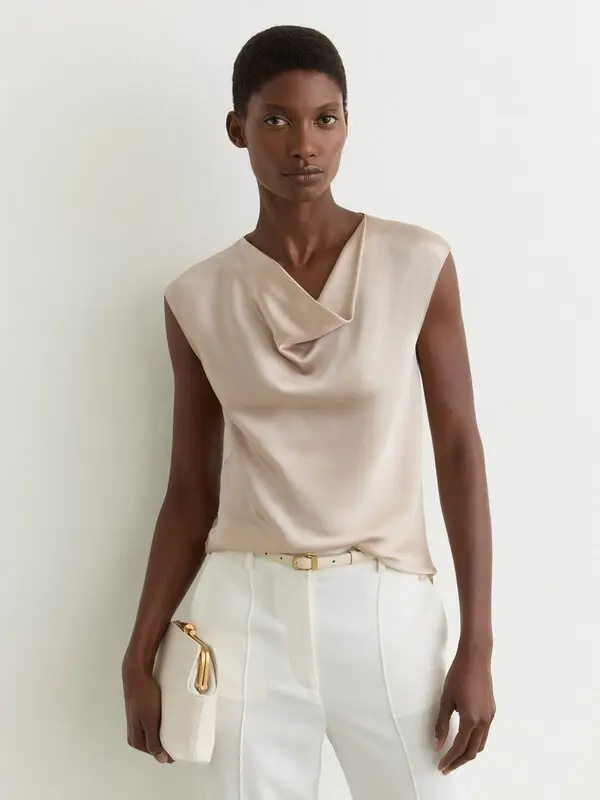 REISS Silk Cowl Neck Sleeveless Top - Champagne Neutral