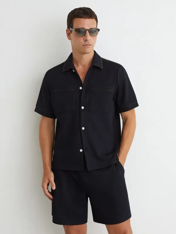 REISS Textured Piped Short-sleeve Shirt - Navy