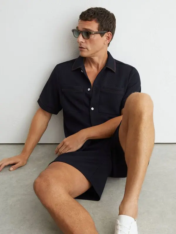 REISS Textured Piped Short-sleeve Shirt - Navy
