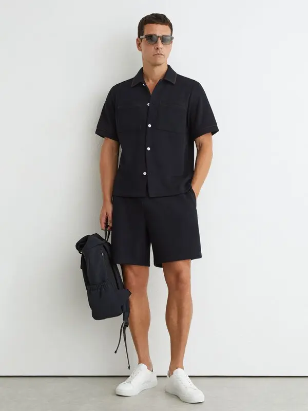 REISS Textured Piped Short-sleeve Shirt - Navy