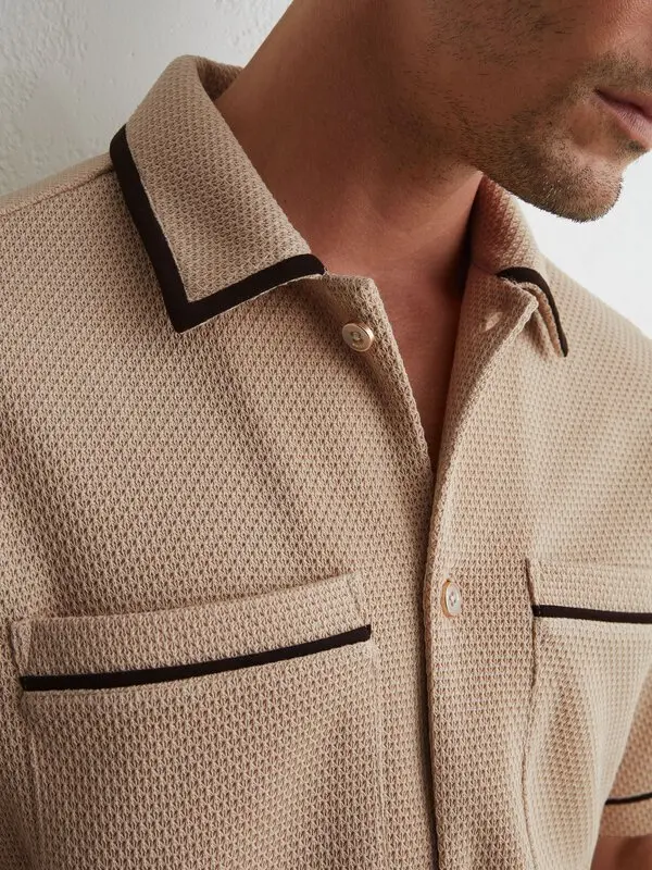 REISS Textured Piped Short-sleeve Shirt - Stone