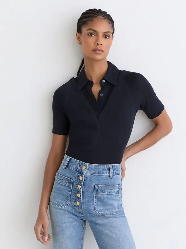 REISS Collar-insert Jersey-knit Top With Wool - Navy