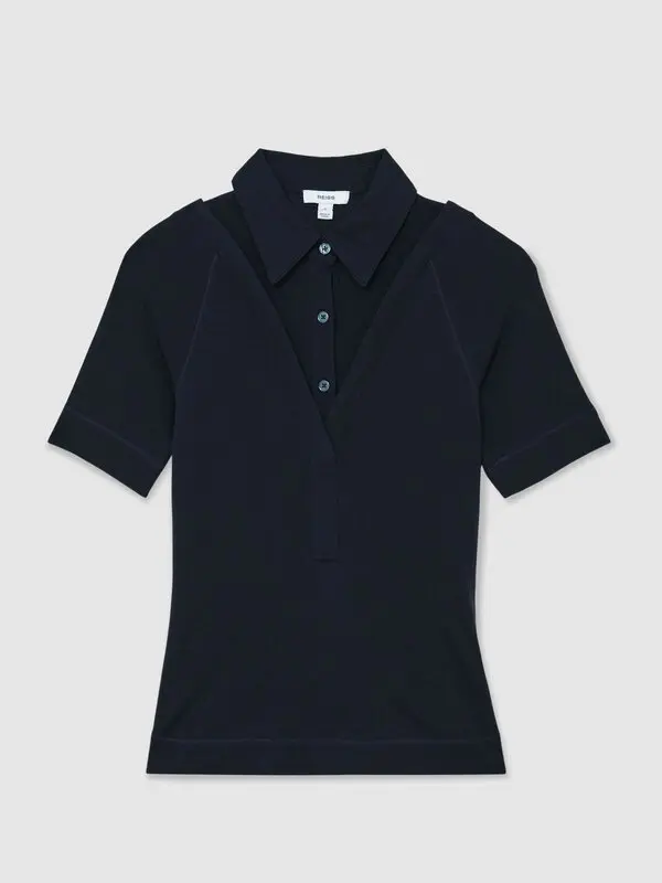 REISS Collar-insert Jersey-knit Top With Wool - Navy