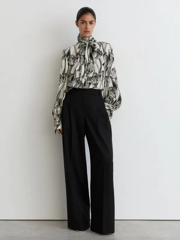REISS Black & White Floral-print Tie-neck Blouse