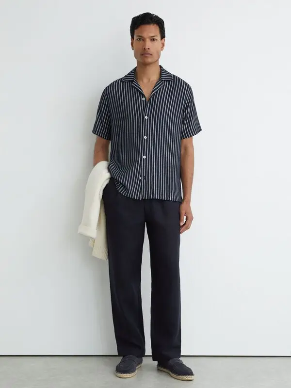 REISS Stone & Grey Textured Stripe Cuban-collar Shirt - Navy/white