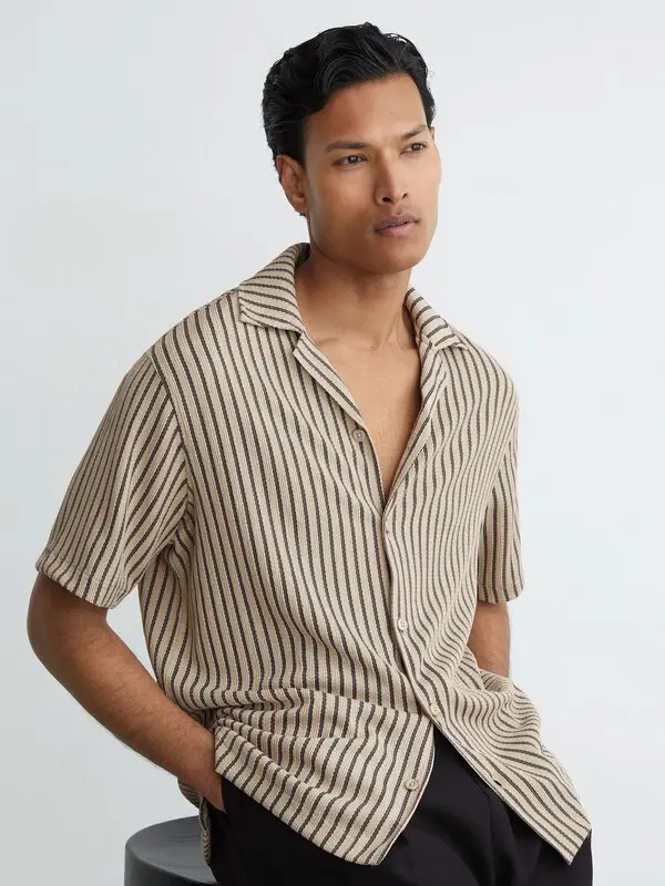 REISS Stone & Grey Textured Stripe Cuban-collar Shirt