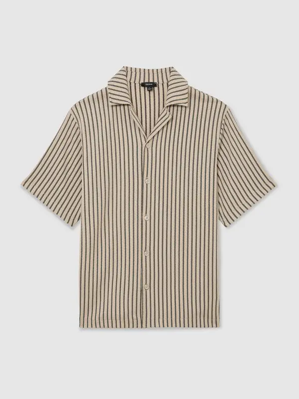 REISS Stone & Grey Textured Stripe Cuban-collar Shirt