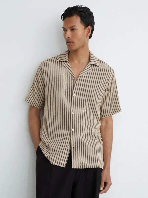 REISS Stone & Grey Textured Stripe Cuban-collar Shirt