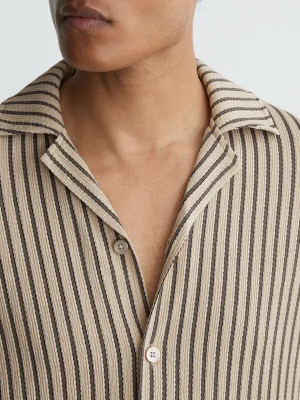 REISS Stone & Grey Textured Stripe Cuban-collar Shirt