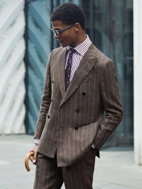 ATELIER Linen-cotton Pinstripe Double-breasted Classic-fit Blazer - Brown