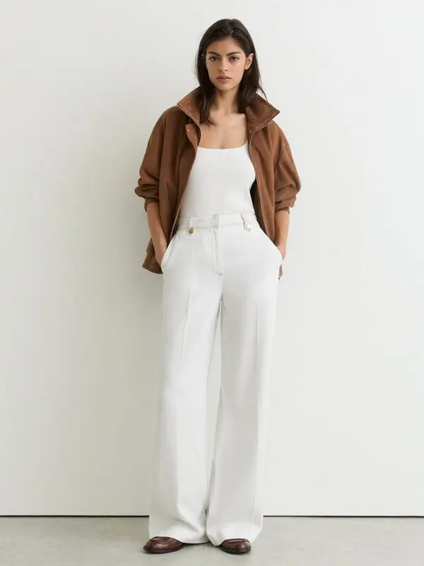 REISS Lyocell Topstitched Wide-leg Trousers - White