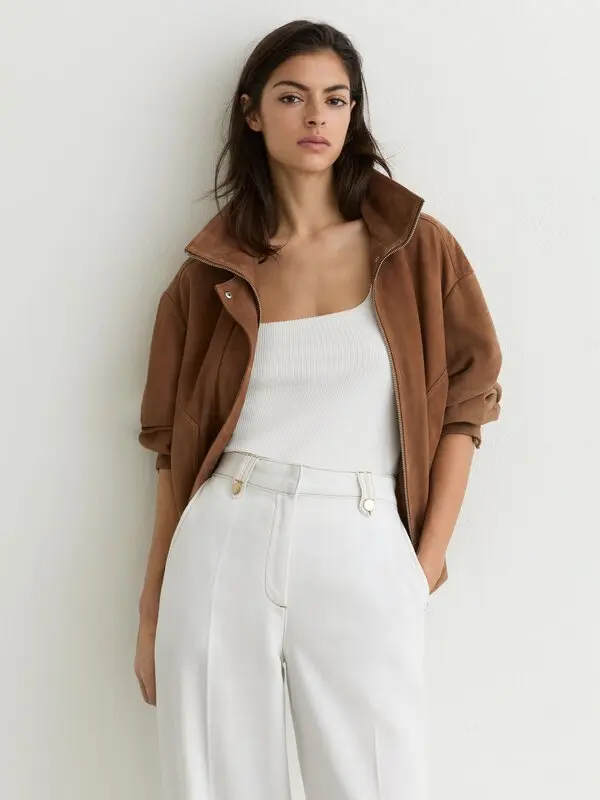 REISS Lyocell Topstitched Wide-leg Trousers - White