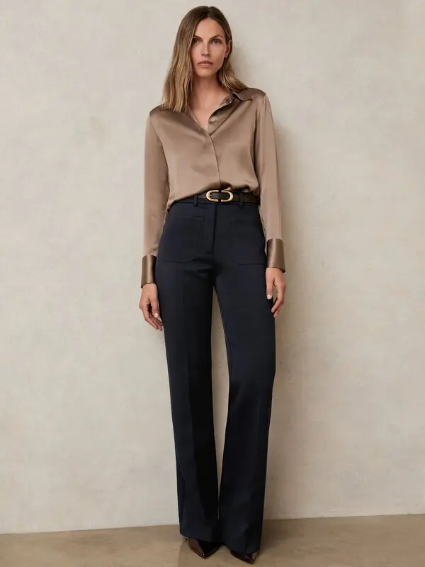 REISS Twill Patch-pocket Flared Trousers - Navy