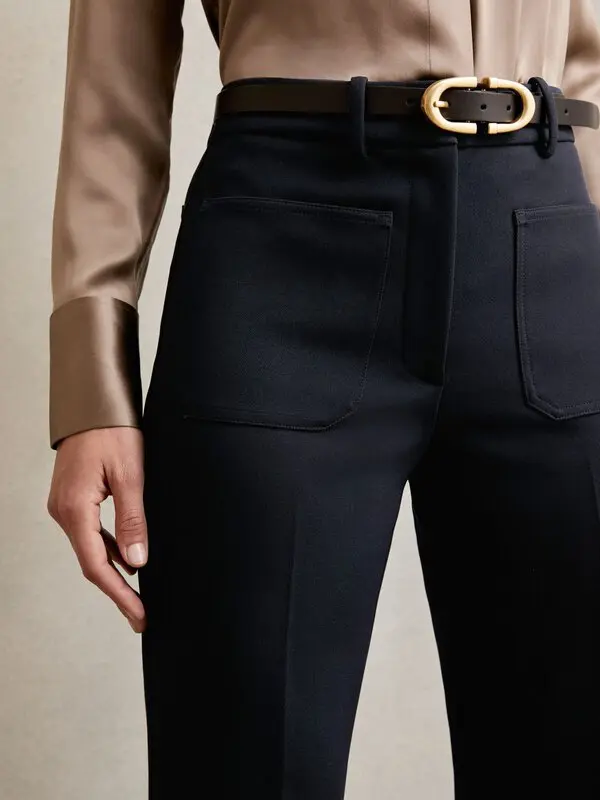 REISS Twill Patch-pocket Flared Trousers - Navy