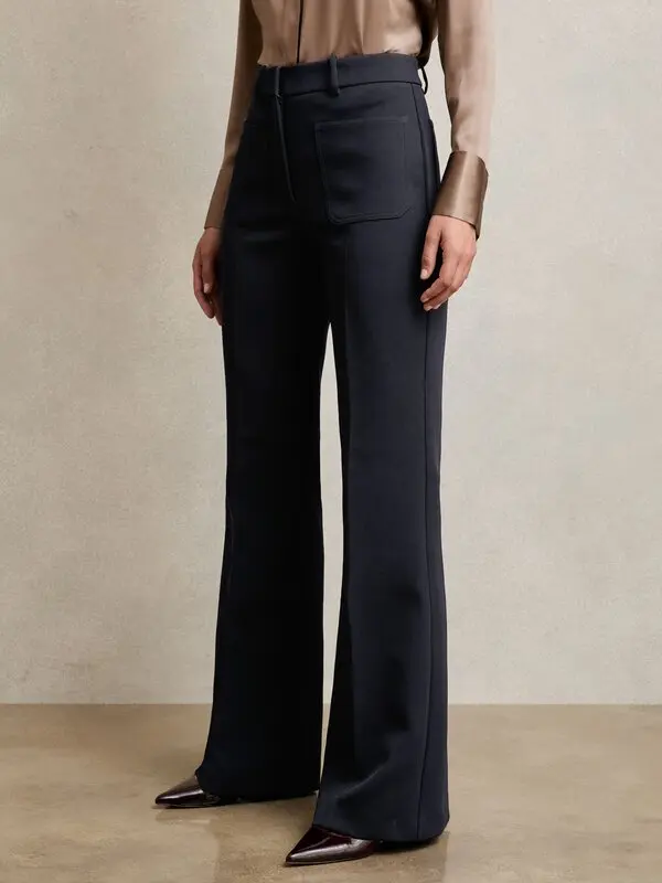 REISS Twill Patch-pocket Flared Trousers - Navy