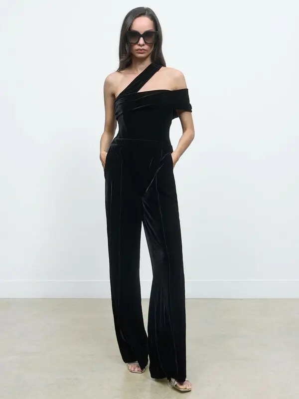 REISS Daria One-shoulder Velvet Wide-leg Jumpsuit - Black