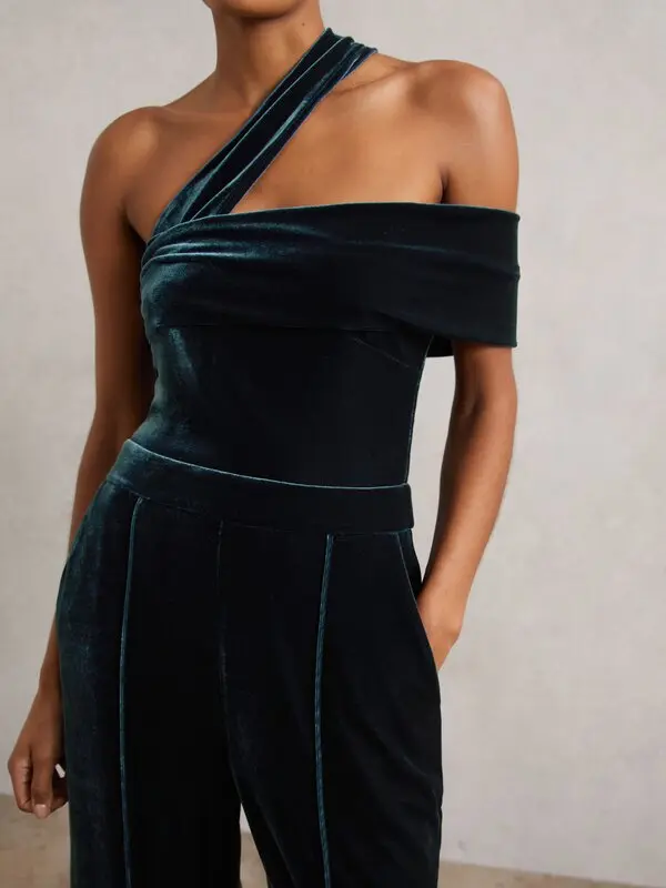 REISS Velvet One-shoulder Wide-leg Jumpsuit - Teal Green