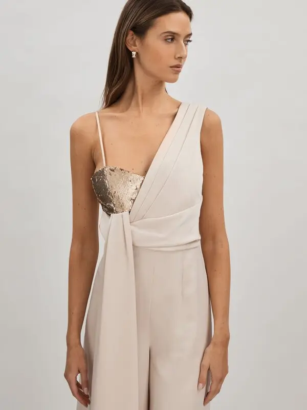 Halston Satin Sequin Wide Leg Jumpsuit