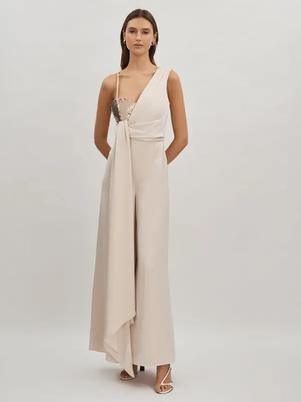 Halston Satin Sequin Wide Leg Jumpsuit