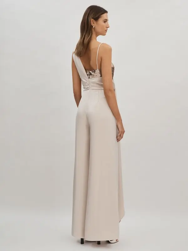 Halston Satin Sequin Wide Leg Jumpsuit