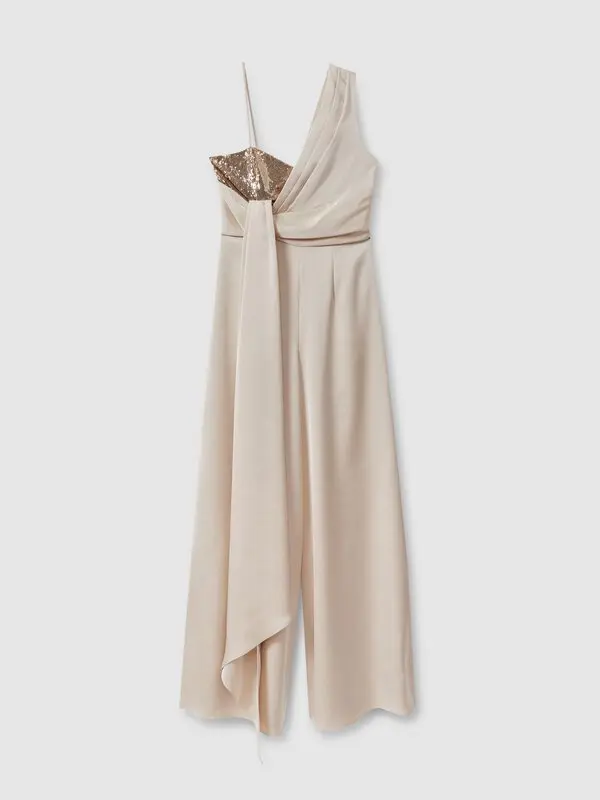 Halston Satin Sequin Wide Leg Jumpsuit - Beige