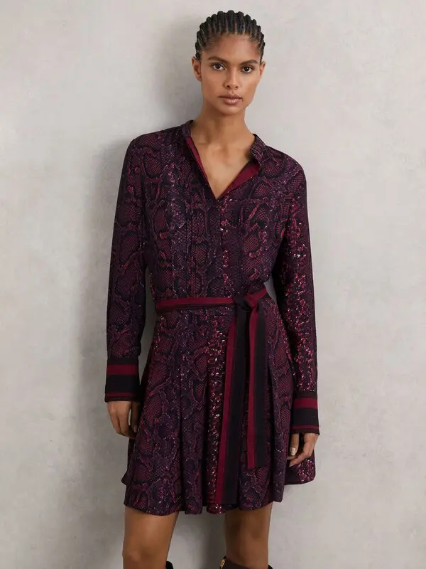 REISS Burgundy & Black Snake Print Belted Mini Dress - Burgundy/black