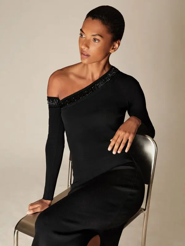 REISS Bead-detail Off-shoulder Knit Dress