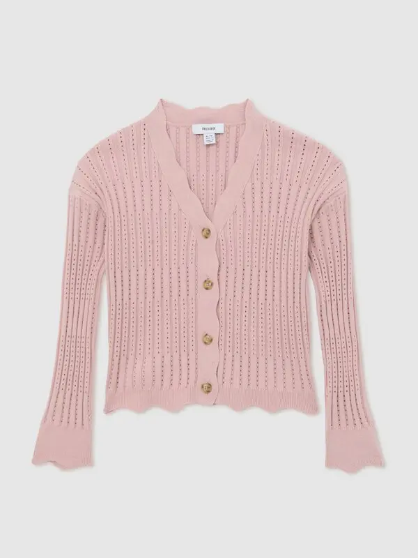 REISS 9-13 Yrs Rib-knit Pointelle Cardigan - Pink