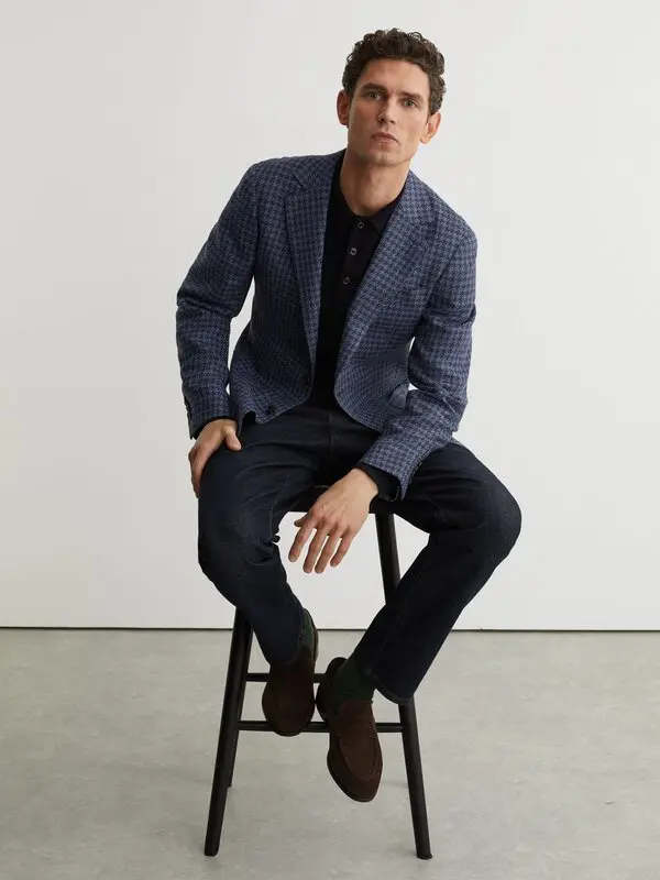 REISS Wool-blend Single-breasted Check Blazer With Linen