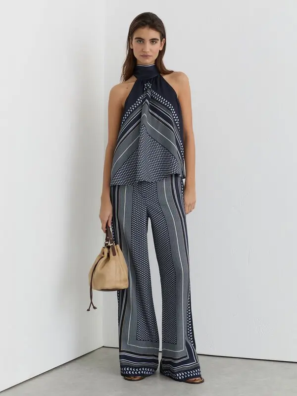 REISS Petite Scarf-print Wide-leg Trousers - Navy