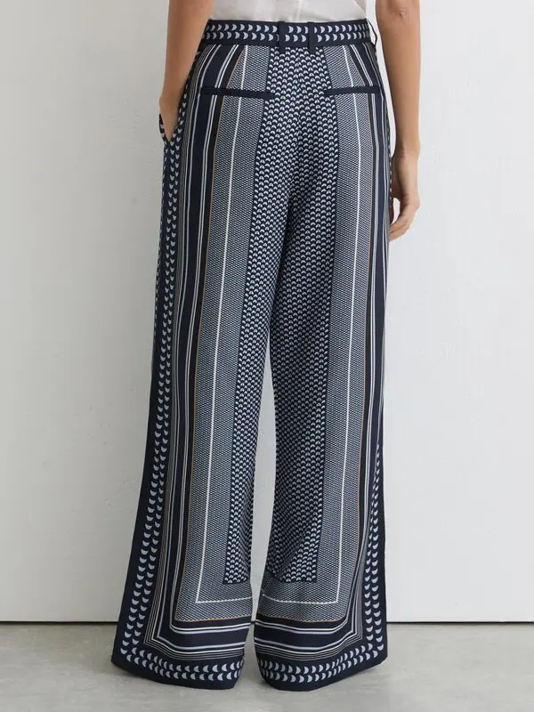 REISS Petite Scarf-print Wide-leg Trousers - Navy