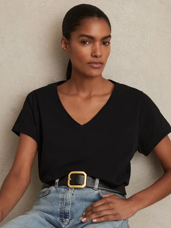 REISS Brushed-cotton V-neck T-shirt - Black