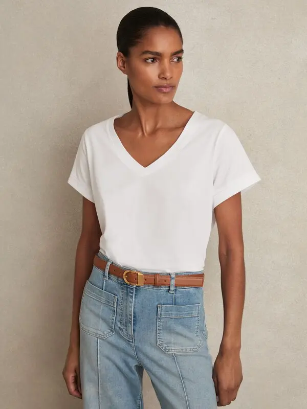 REISS Brushed-cotton V-neck T-shirt - White
