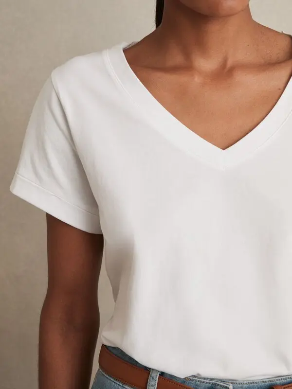 REISS Brushed-cotton V-neck T-shirt - White