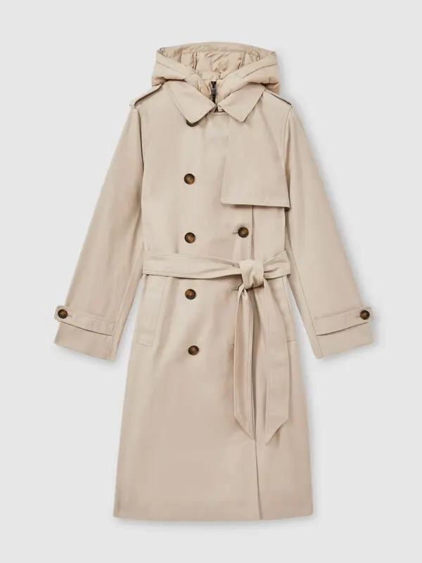 REISS Hooded Insert Trench Coat - Stone