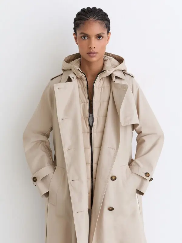 REISS Azura Hooded Insert Trench Coat - Stone