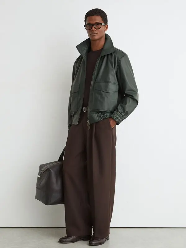 REISS Leather Oversized Funnel-neck Jacket - Dark Green