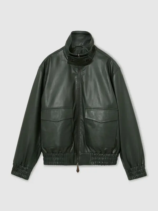 REISS Leather Oversized Funnel-neck Jacket - Dark Green