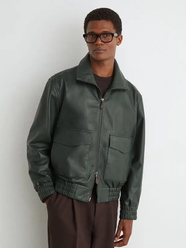 REISS Leather Oversized Funnel-neck Jacket - Dark Green