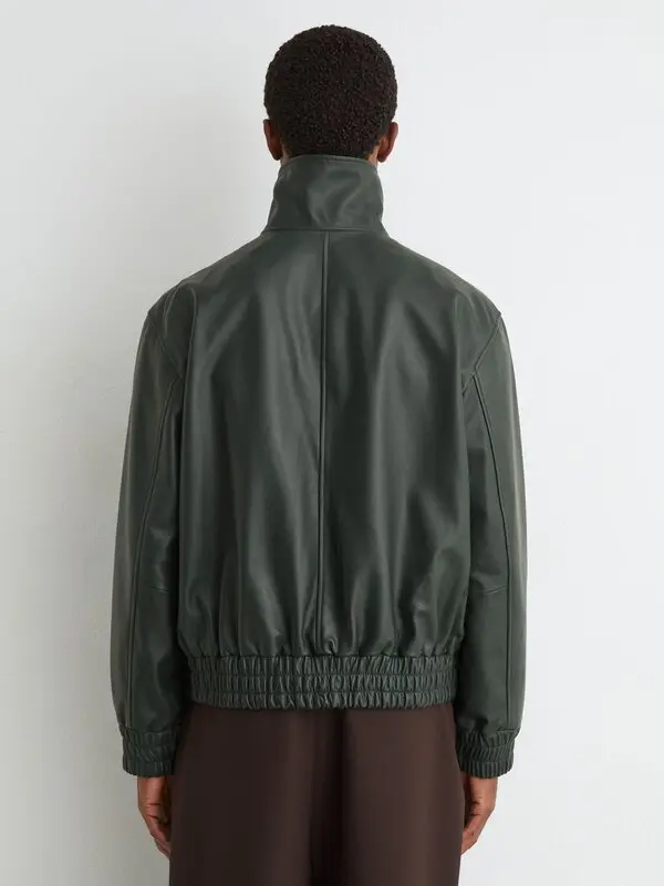 REISS Leather Oversized Funnel-neck Jacket - Dark Green