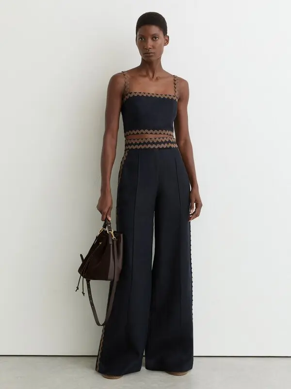 REISS Mila Printed Wide-leg Trousers - Navy/brown