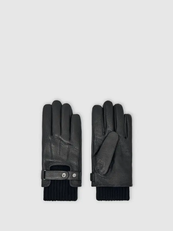 REISS Leather Ribbed-cuff Gloves - Black