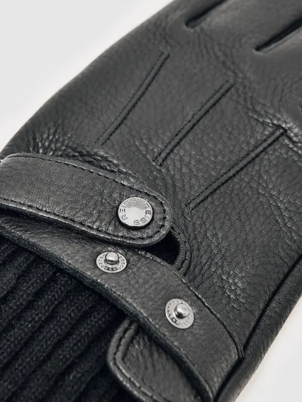 REISS Leather Ribbed-cuff Gloves - Black